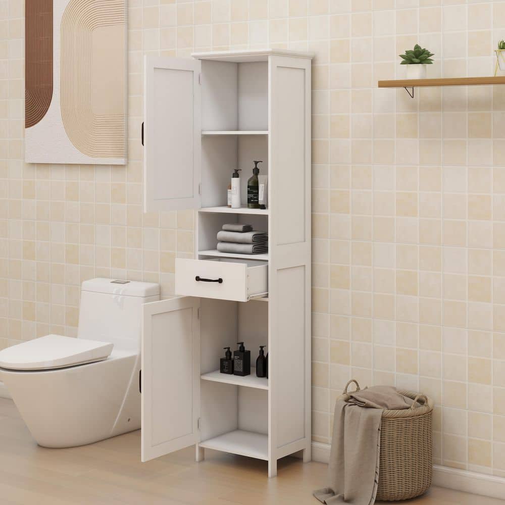 Otryad Double Door Narrow Height Slim Floor Standing Cabinet in White ...