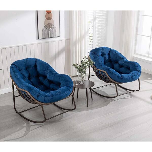 Metal Outdoor Rocking Chair Oversized Rattan Egg with Navy Blue Thick Cushion for Backyard Patio Poolside