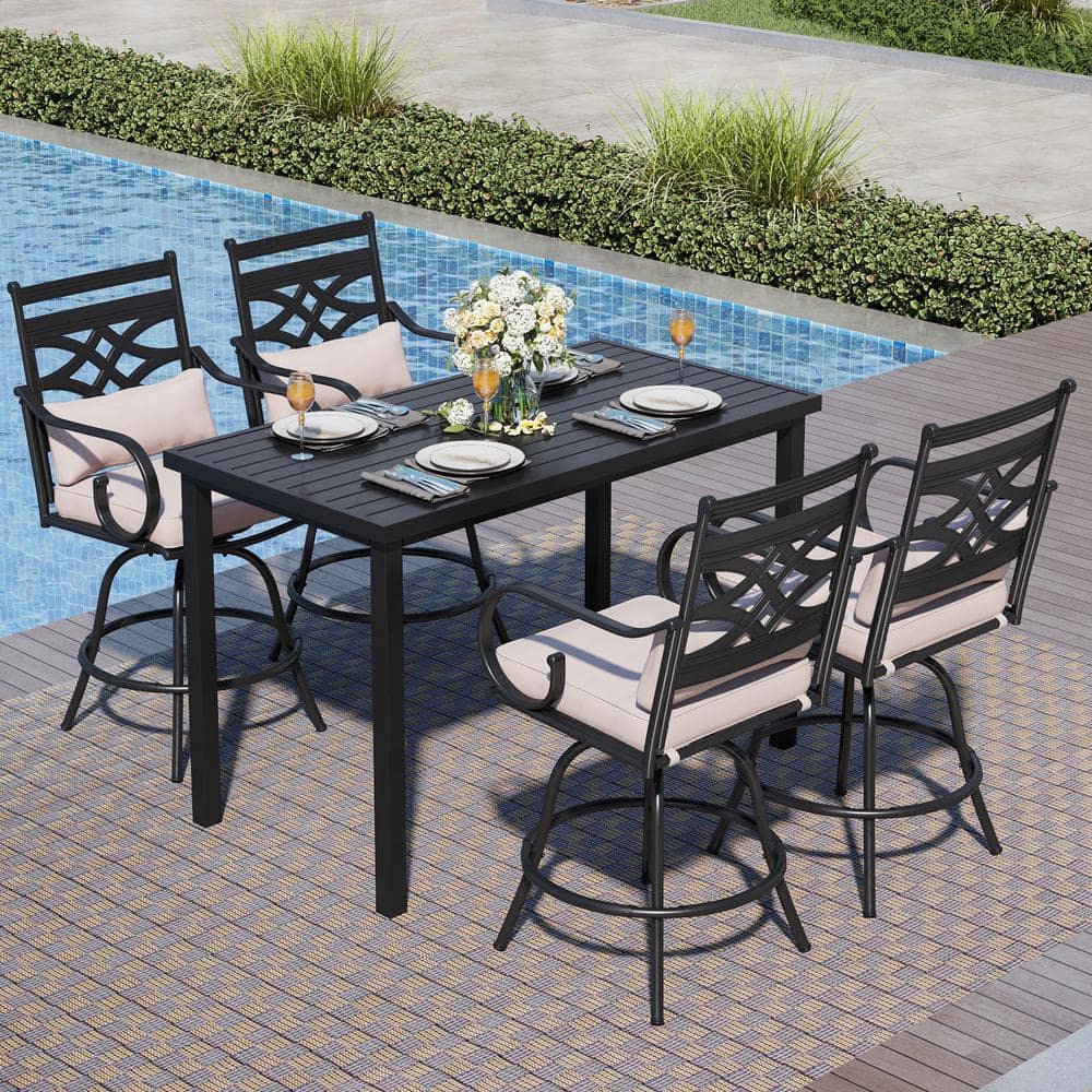 PHI VILLA 5-Piece Metal Bar Height Outdoor Dining Set with Beige ...