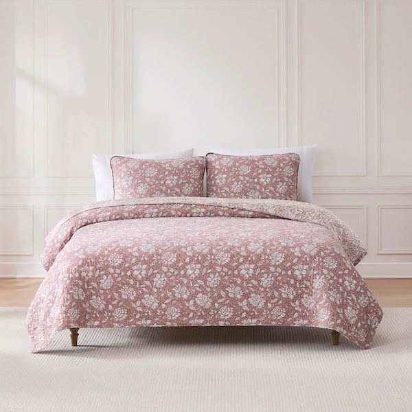 Lush Decor Zara Floral Block Reversible 3-Piece Terracotta Cotton King/Cal King Quilt Set ...