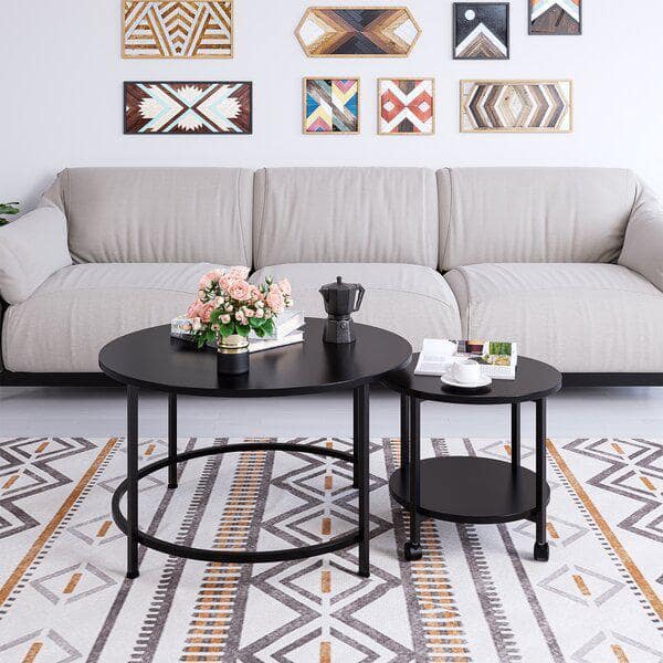 Spaco 31.5 in. Black Round Wood Casters Nesting Coffee Table Set with 2 ...