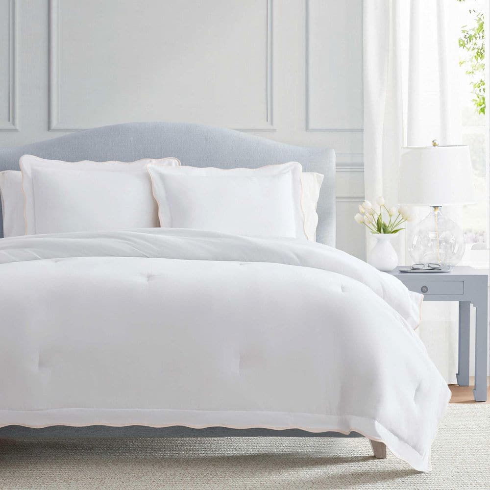 MARTHA STEWART Simple Scallop 2-Piece White/Soft Pink Cotton Percale ...