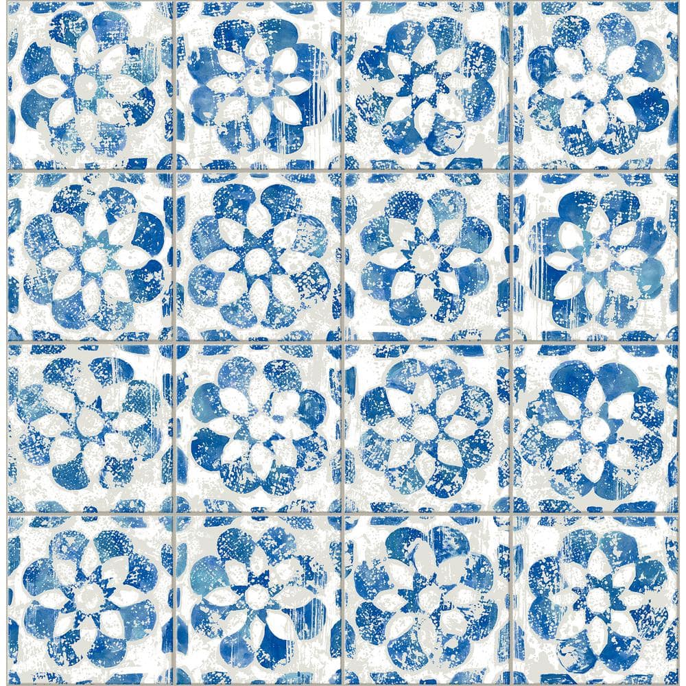 Advantage Izeda Blue Floral Tile Matte Non-Pasted Non-Woven Wallpaper ...