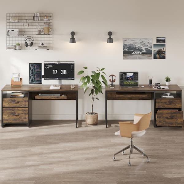 Bestier 55 in. Rectangular Rustic Brown Office Desk with Storage File Drawers and Keyboard Tray H105614C RST