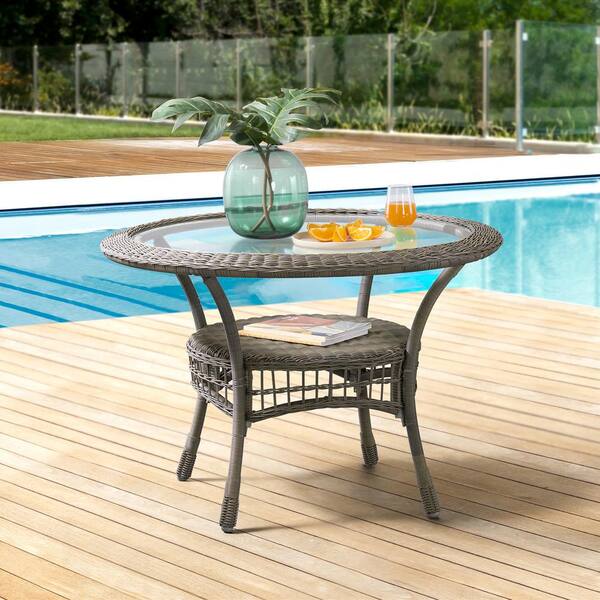 Alaterre Furniture Carolina 5 Piece All Weather Wicker Outdoor Dining Set with Round Dining Table Four 37 in. H Chairs with Gray Cushions AWWM0266MM