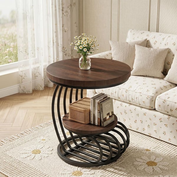 BYBLIGHT Kerlin 19.68 in. Brown Round Wooden End Table with Curved ...