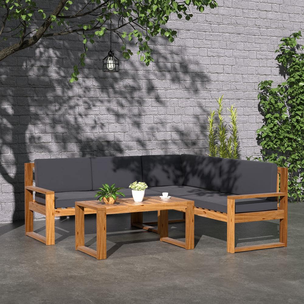 Tunearary 3-Piece Acacia Wood Outdoor Bench Sectional Set with Wooden ...