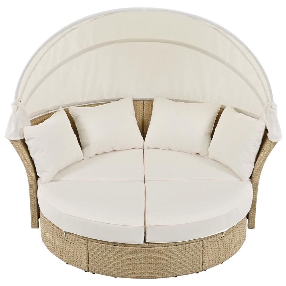 Sudzendf Patio Rattan Wicker Outdoor Round Day Bed with Beige Removable ...