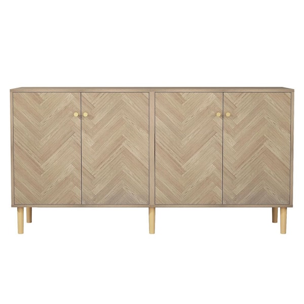 Aupodin Herringbone Oak MDF Sideboard Buffet Cabinet with 4-Door, Large ...
