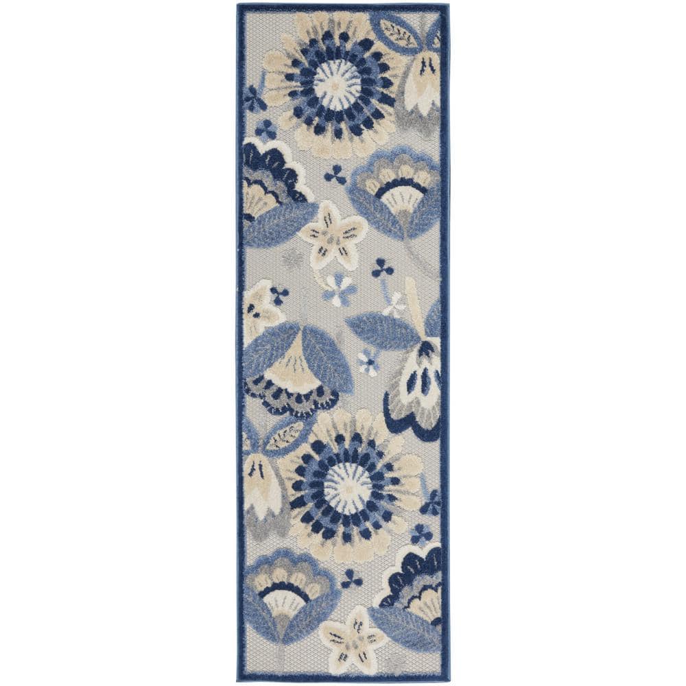 HomeRoots Charlie 2 X 8 ft. Blue and Grey Floral Indoor/Outdoor Area ...