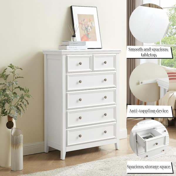 White 6 Drawers 31.5 in. Wide Chest of Drawers Farmhouse 6 Drawers Dresser for Bedroom Wood Tall Storage Drawers Cabinet