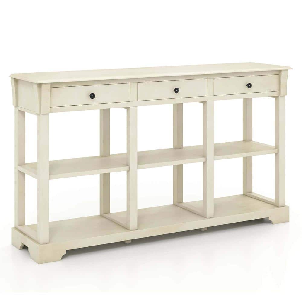 Costway 58 in. White Rectangle Wood Console Table with 3 Drawers & Open ...