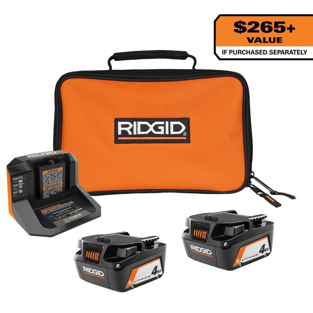 RIDGID 18V Lithium-Ion (2) 4.0 Ah Battery Starter Kit with Charger and ...