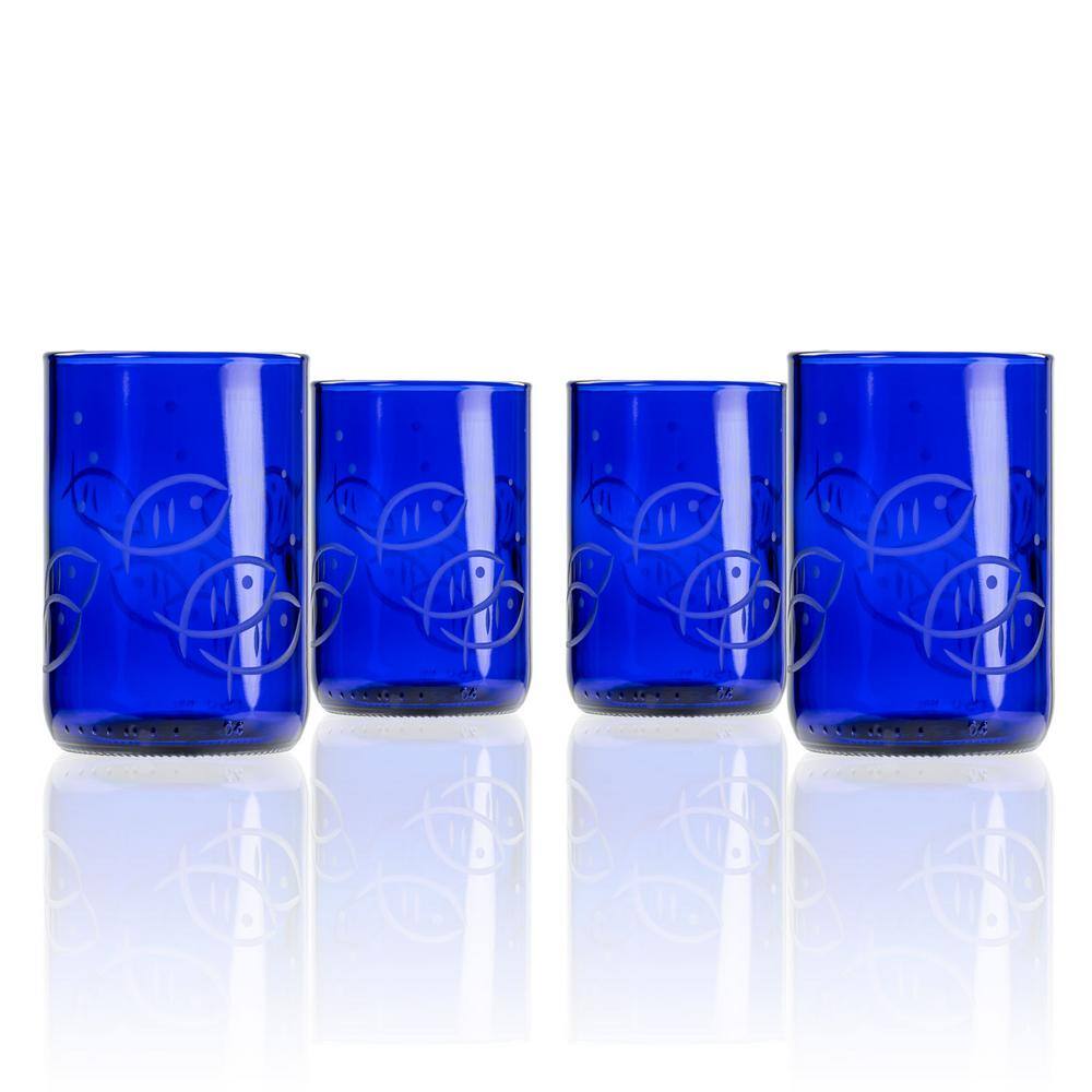 Rolf Glass Blue Fish 14 oz. Repurposed Blue Tumbler Glasses - Set of 4 ...