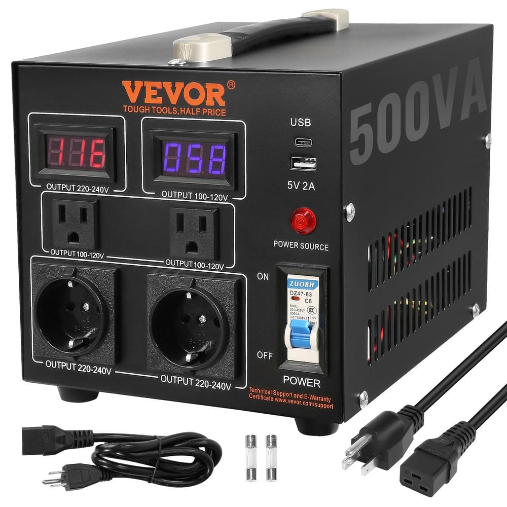 VEVOR Voltage Converter Transformer 500-Watt Up/Down Transformer 110-Volt/220-Volt w/US/EU ...