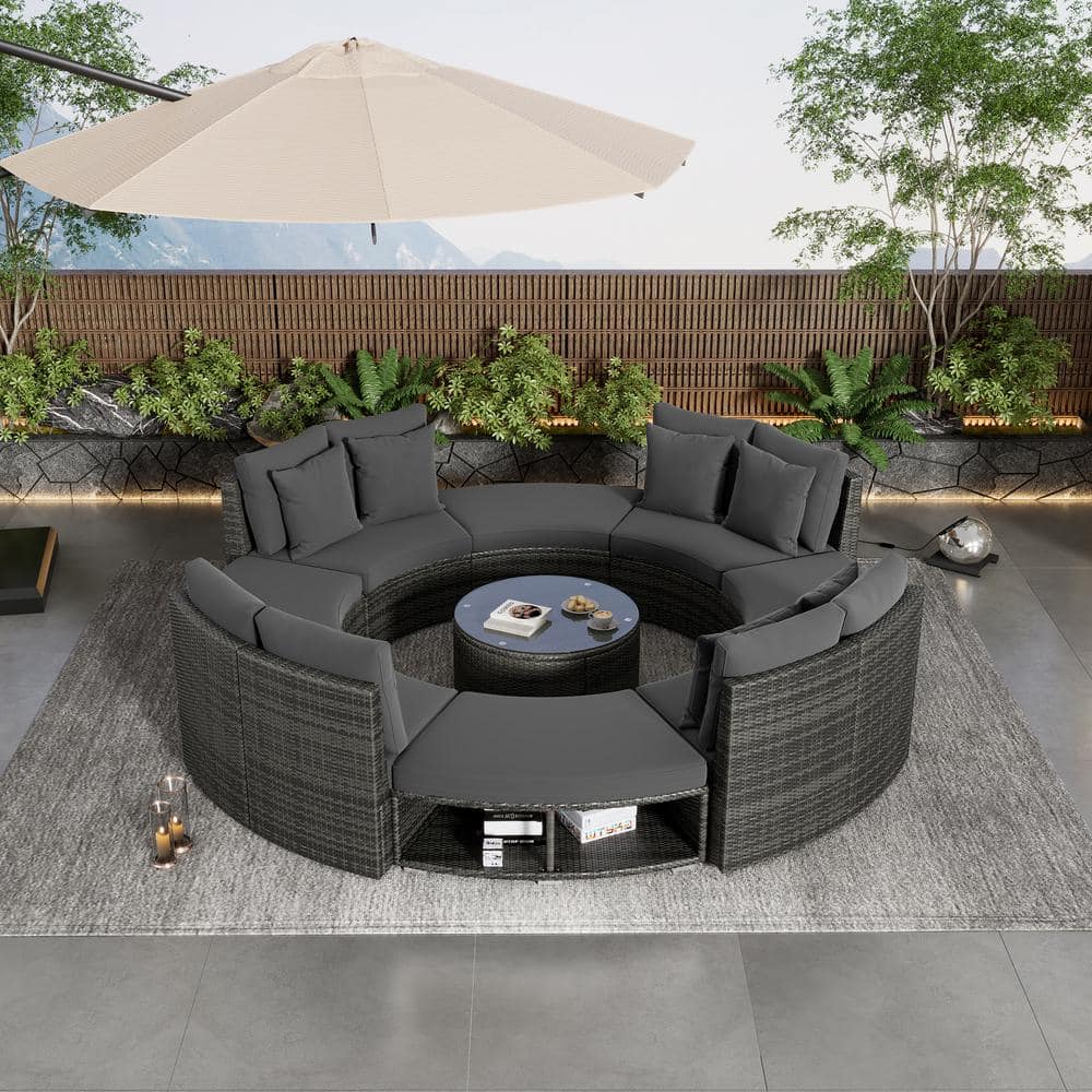 9-Piece Rattan Wicker Patio Outdoor Patio Luxury Round Sectional Sofa ...