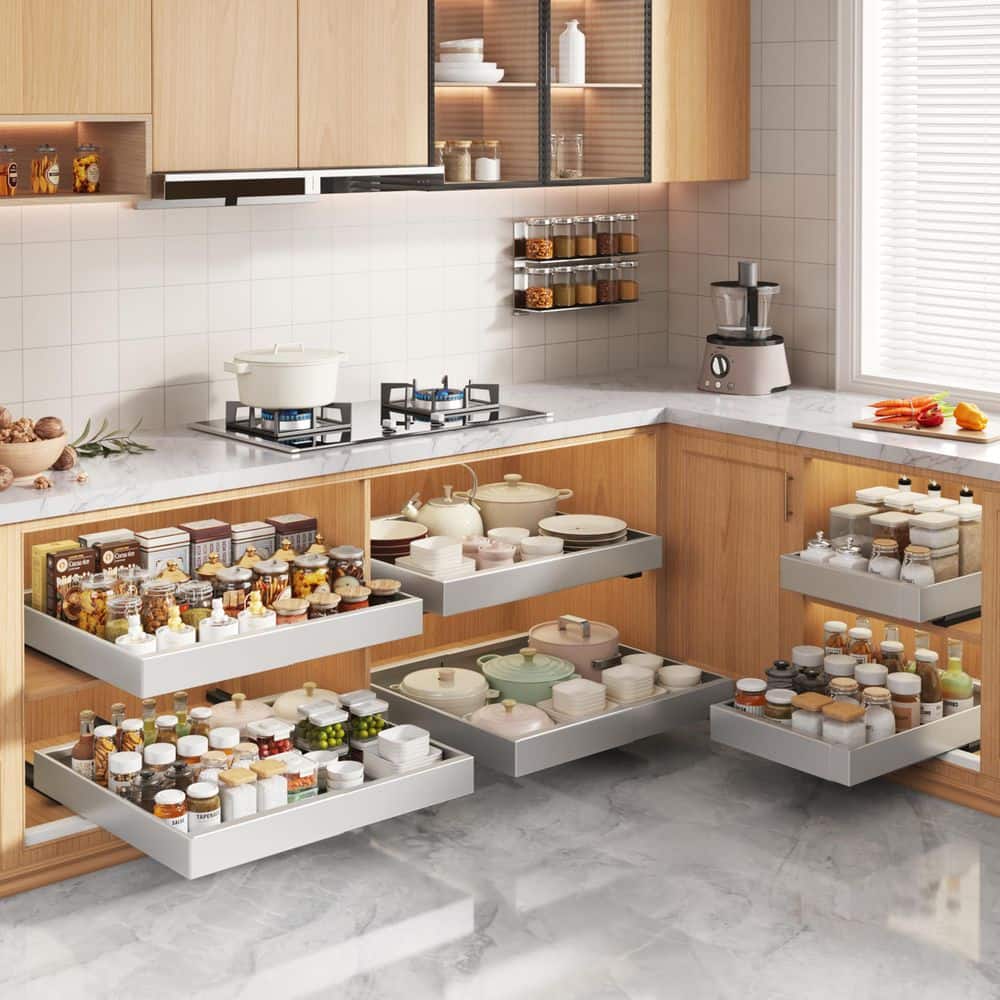 Wudkey 2 Pack Adjustable Pull Out Cabinet Organizer with Raising Pads ...