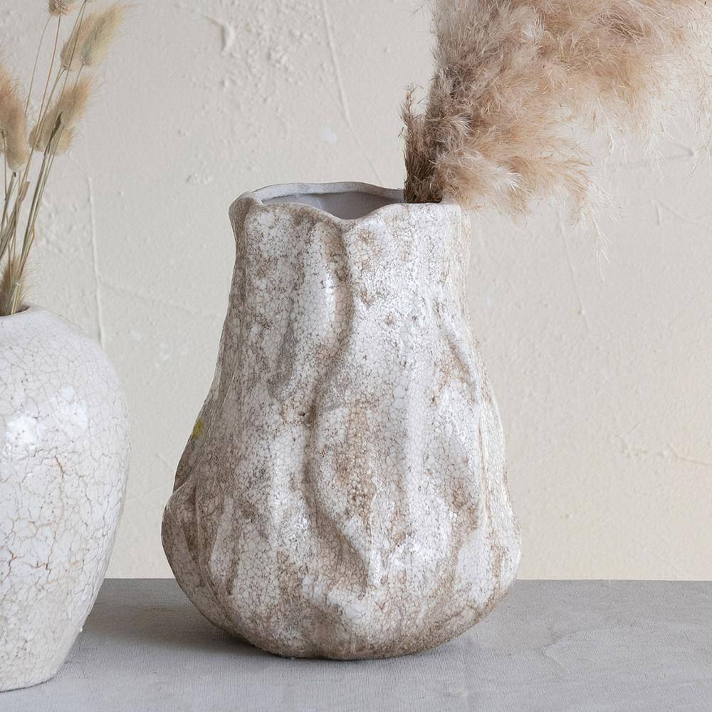 Storied Home Organic Stoneware Vase, Distressed Cream Crackle Glaze ...
