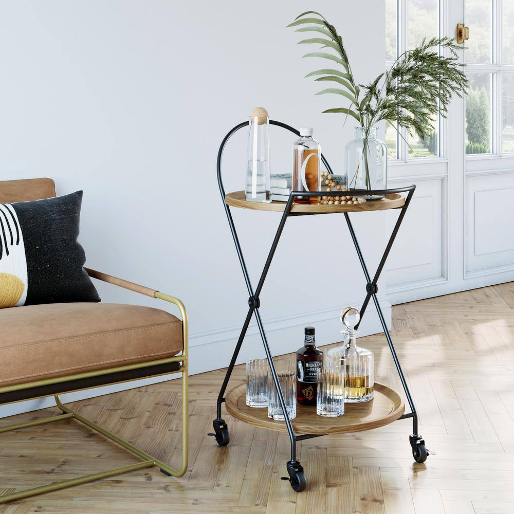 Buy Sage 2-Tier Warm Walnut Tray and Black Metal Round Mid-Century ...