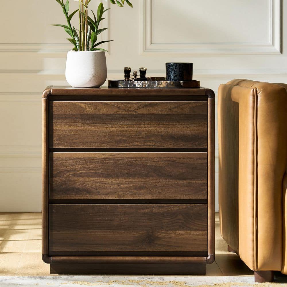 JAYDEN CREATION Noan Walnut 3-Drawer 25.5 in. W Nightstand with Built ...