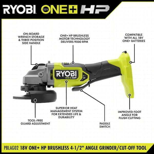RYOBI ONE+ HP 18V Brushless Cordless Angle Grinder Kit with 4.0 Ah HIGH ...