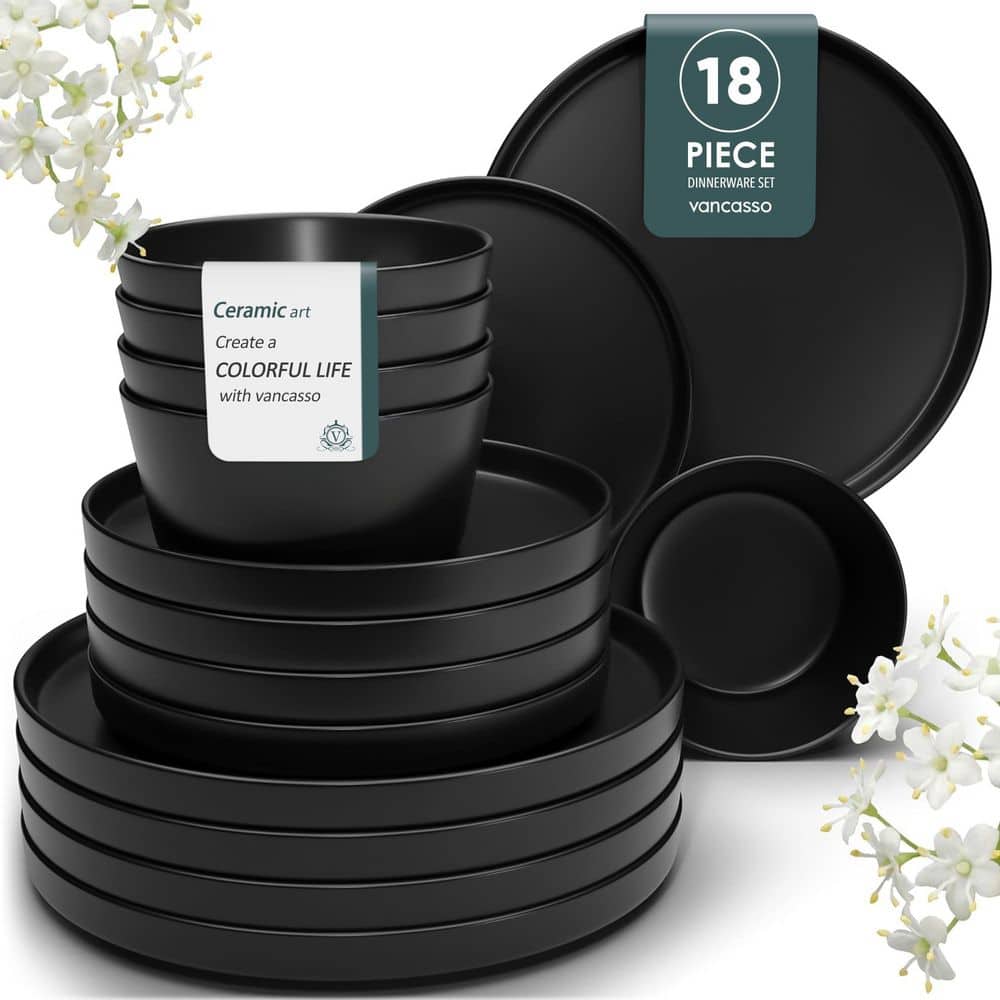 vancasso 18-Piece Matte Black Stoneware Dinnerware Set Service for 6 ...