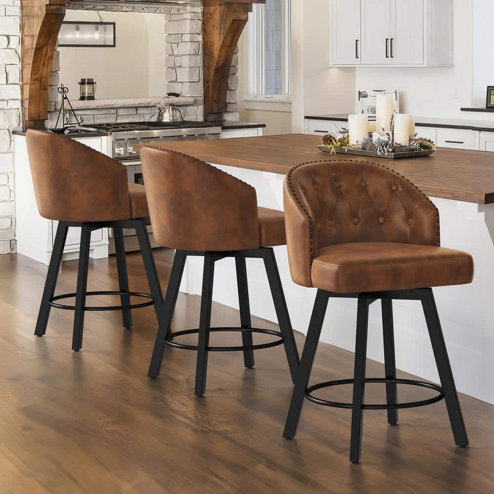 LUE BONA Arturo 26 in.Brown Faux Leather Upholstered Swivel Bar Stool ...