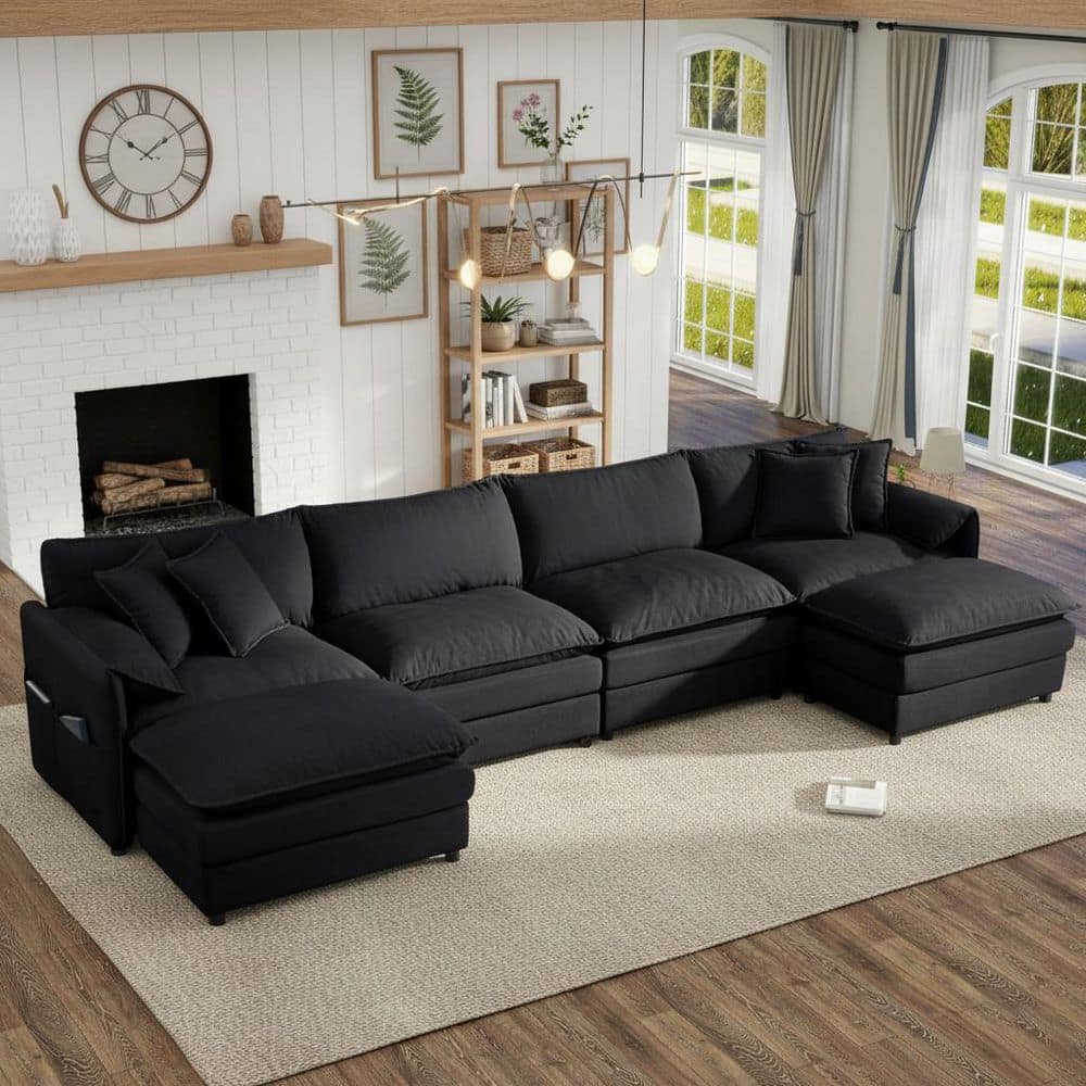 Homy Casa SOEX 143 in. 6-piece Chenille U-Shape Modular Sectional Sofa in Jet Black SOEX-DDDDXX ...