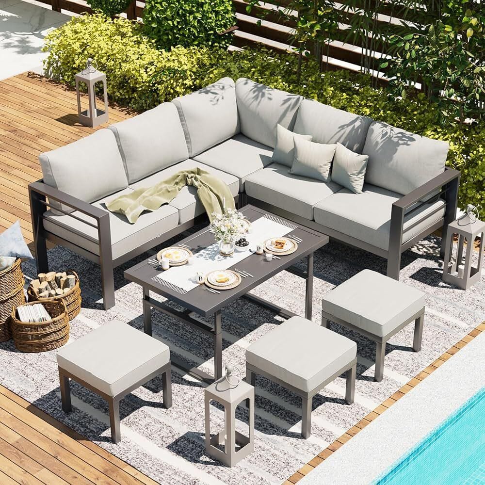 Sudzendf 7-Piece Aluminum Outdoor Sectional Set with Gray Cushions ...