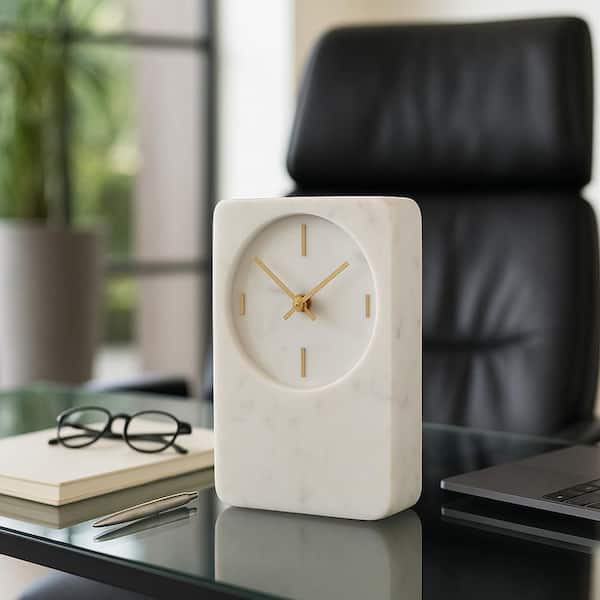 Liv & Skye White Marble 9 in. H Table Clock With Brass Details 22899-04 ...