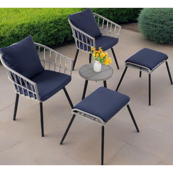 Sudzendf 5 Piece Wicker Outdoor Bistro Sets with Blue Cushions, Balcony ...