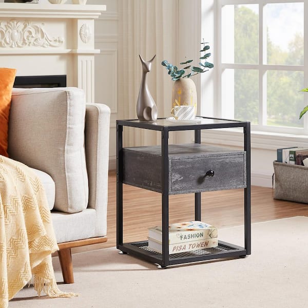 VECELO Tempered Glass Side Table Nightstand with 1 Drawer 2 Shelves 21.7 in. x 15.7 in. x 15.7 in. Charcoal Gray KHD DX NS02 CGY The Home Depot