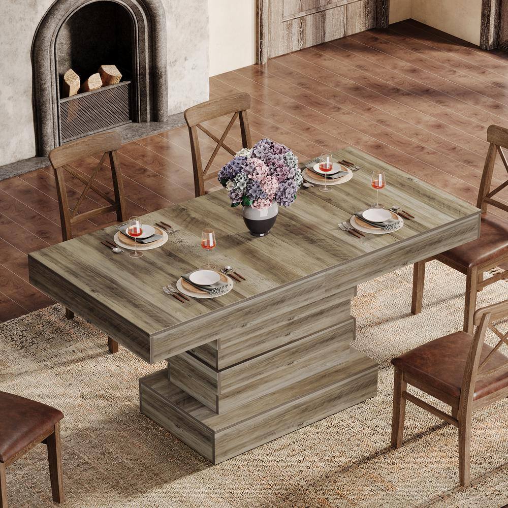 BYBLIGHT Sealey Farmhouse Grey Wood 55 in. Pedestal Dining Table Seats ...