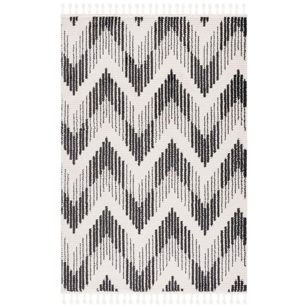 SAFAVIEH Moroccan Tassel 9 ft. x 12 ft. Ivory/Black Chevron Tassel Area ...