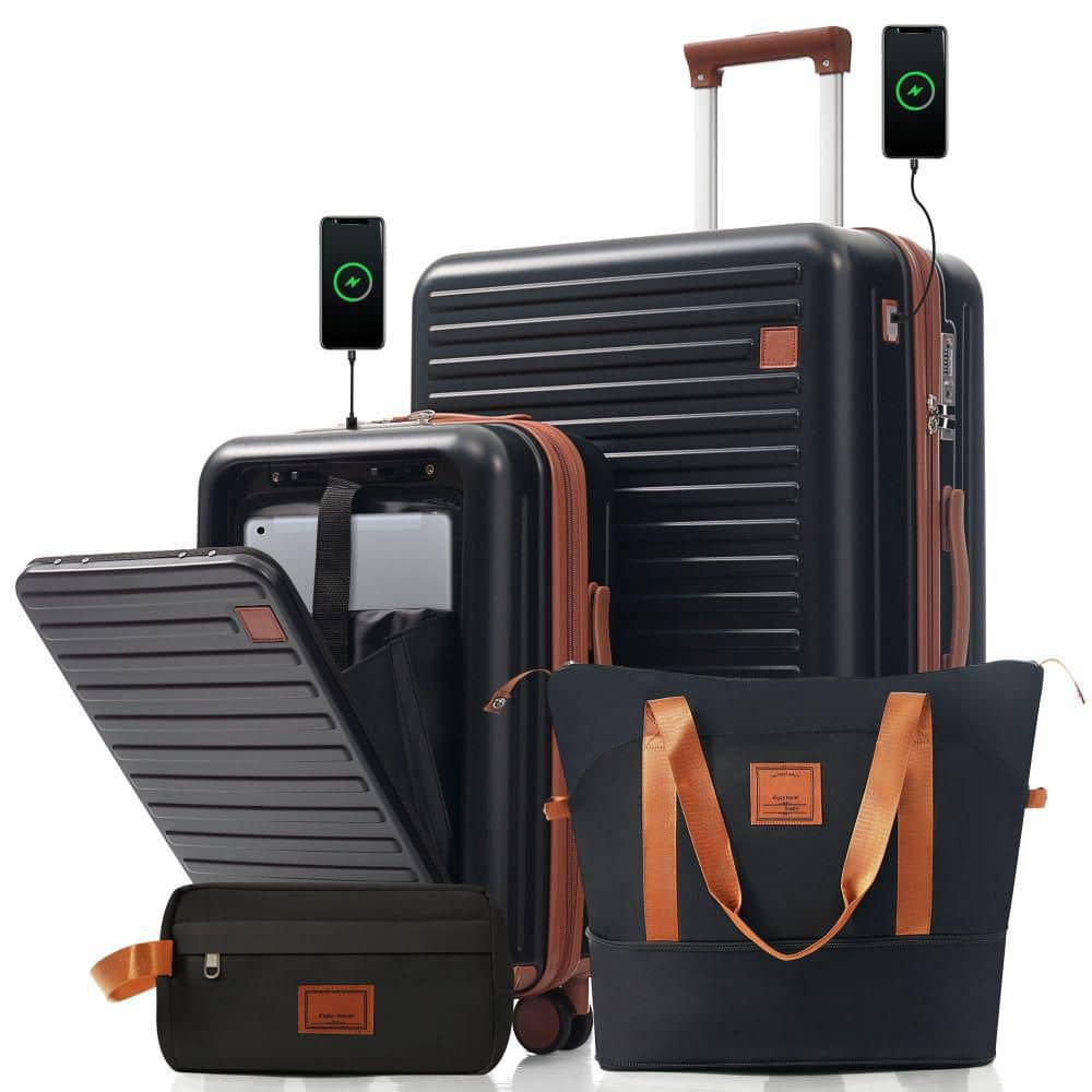 Merax 4 Bags 4-Piece Black and Brown Expandable ABS Hardshell Luggage ...