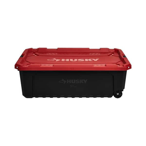 Husky 57 Gal. Pro Grip Storage Tote with Wheels in Black with Red Lid ...