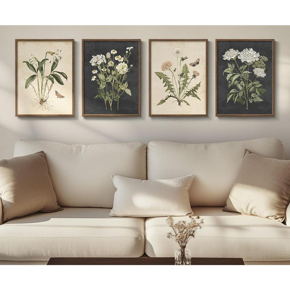 4-Piece Framed Botanical Wall Art Set - Rustic Floral and Butterfly ...