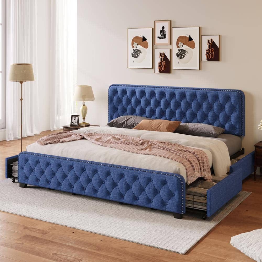 Harper & Bright Designs Blue Metal Frame King Size Button Tufted ...