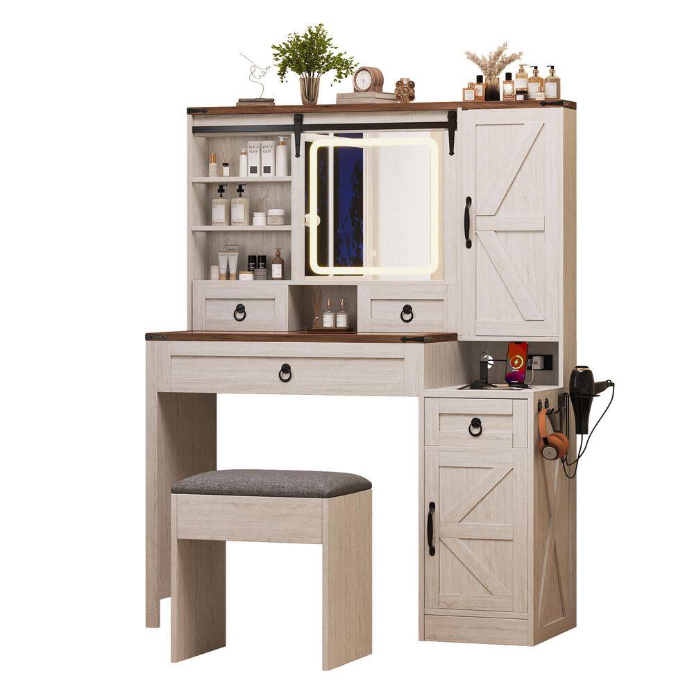 2-Piece White Makeup Vanity Set w/Sliding Mirror, Lights Charging ...