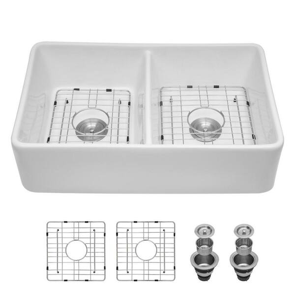 Altair Cremona White Ceramic 33 in. Double Bowl Farmhouse Apron Kitchen ...
