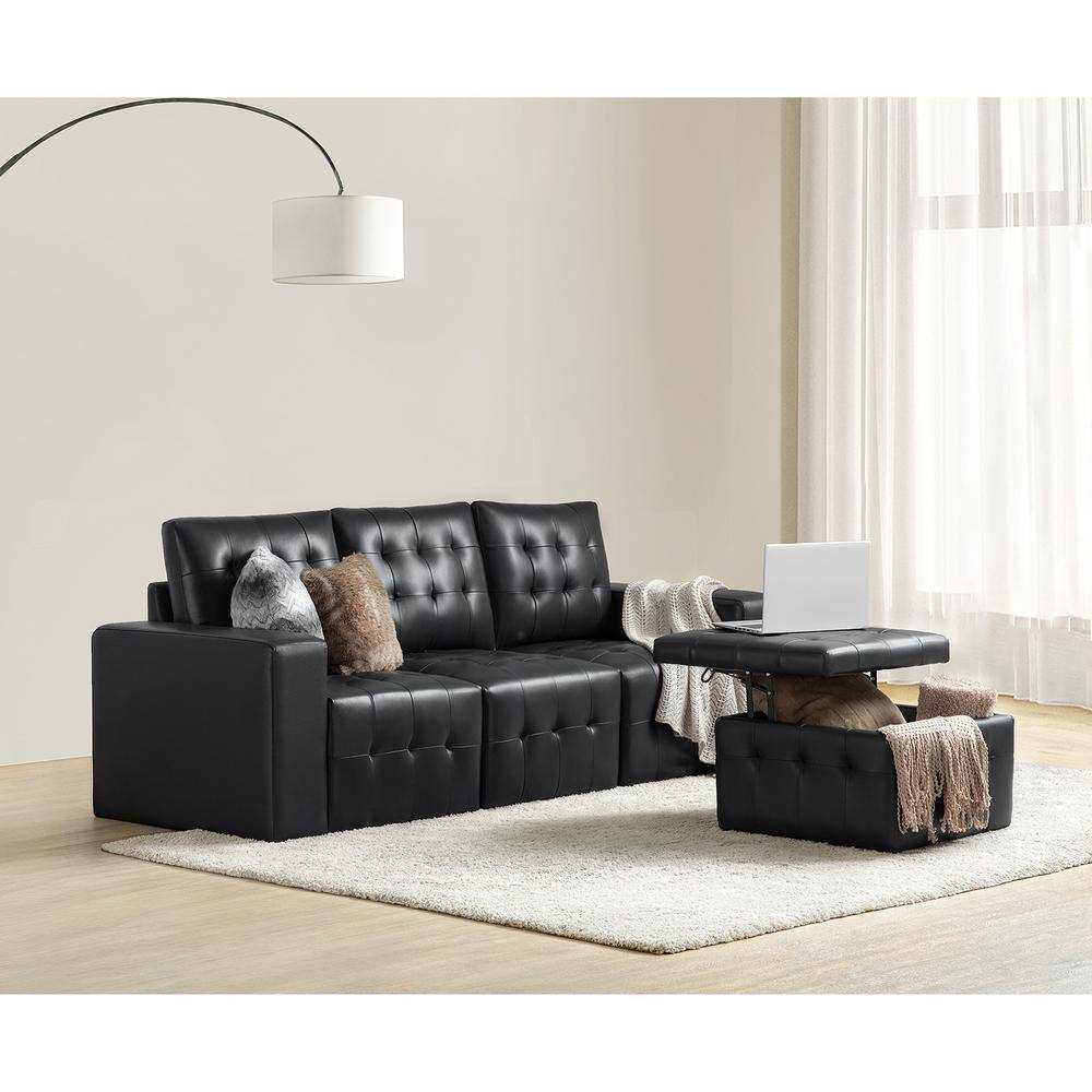 JAYDEN CREATION Nuria 87 in. wide Black Leather Sofa with Removable ...