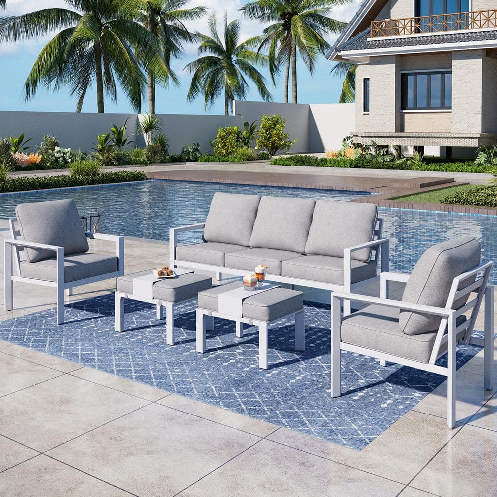PHI VILLA White 5-Piece Aluminum Outdoor Patio Conversation Sectional ...