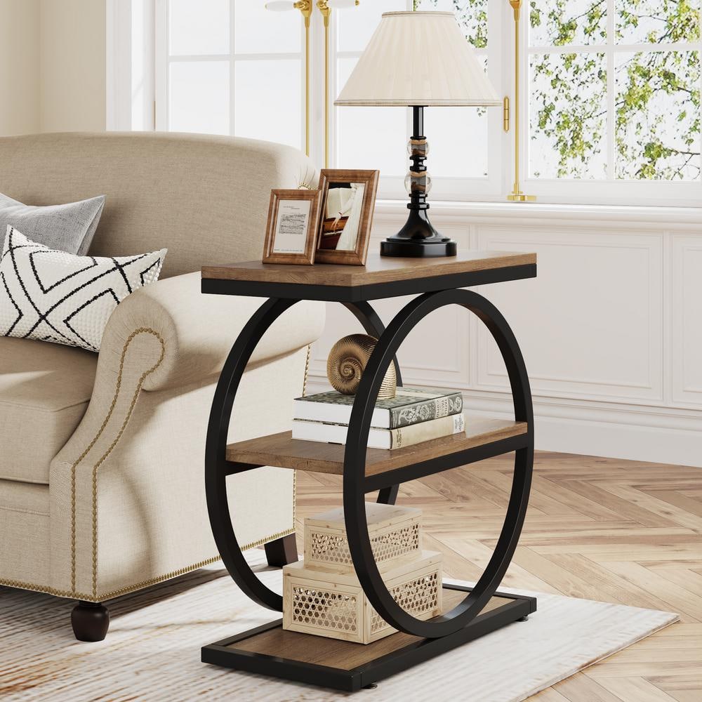 Kerlin 23.6 in. Brown Rectangle Wood End Table Narrow End Table with 3 Storage Shelves Industrial Sofa Side Table