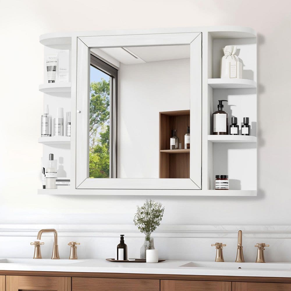 Lumioca White 23 in W x 31 in. H Modern Rectangle Mirror Cabinet Wood ...