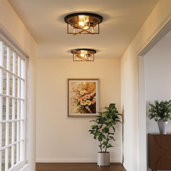 BYBLIGHT 13 in. Modern 2-Light Black and Gold Flush Mount Ceiling Light ...