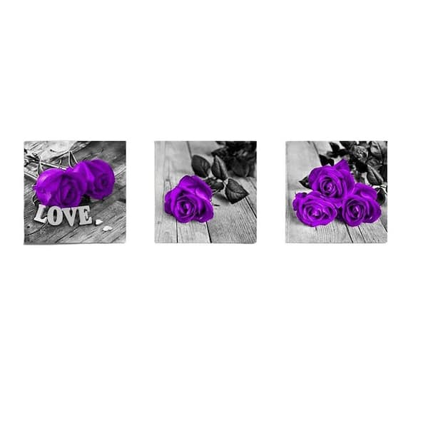 3-Piece Purple and Grey Roses Wall Decor Flower Poster Rustic Floral ...