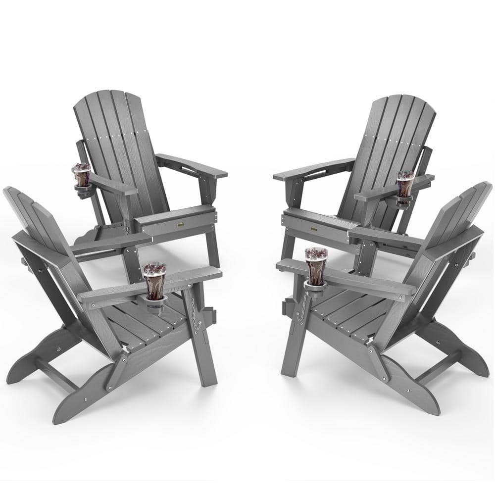 Mximu Gray HDPE Outdoor Folding Plastic Adirondack Chair with Cupholder ...