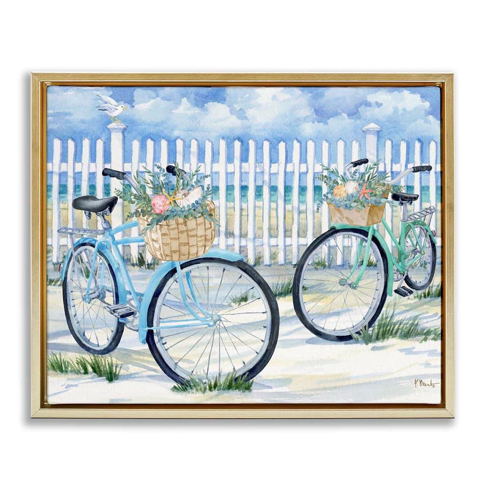Stupell Industries Bicycles at Beach Fence by Paul Brent Gold Floater ...