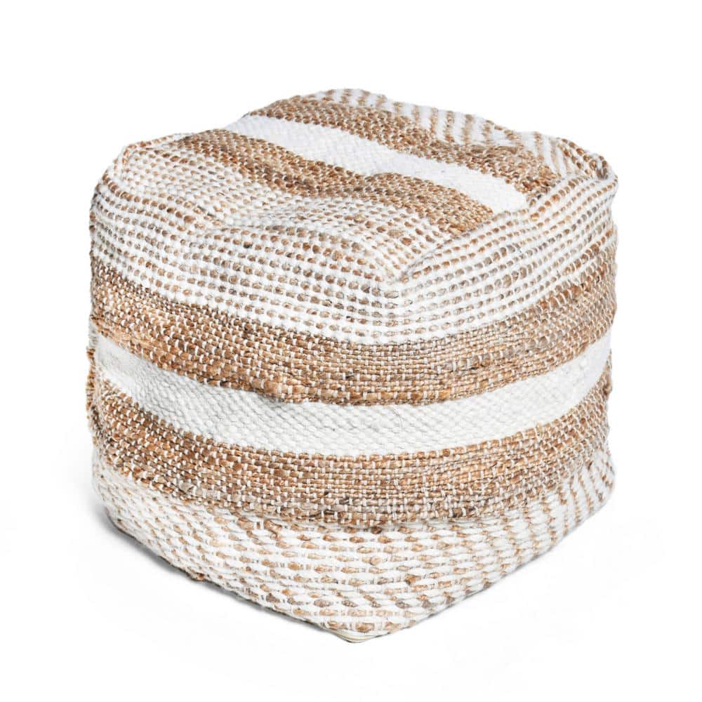 Noble House Anifer Natural and White Handcrafted Fabric Cube Pouf ...