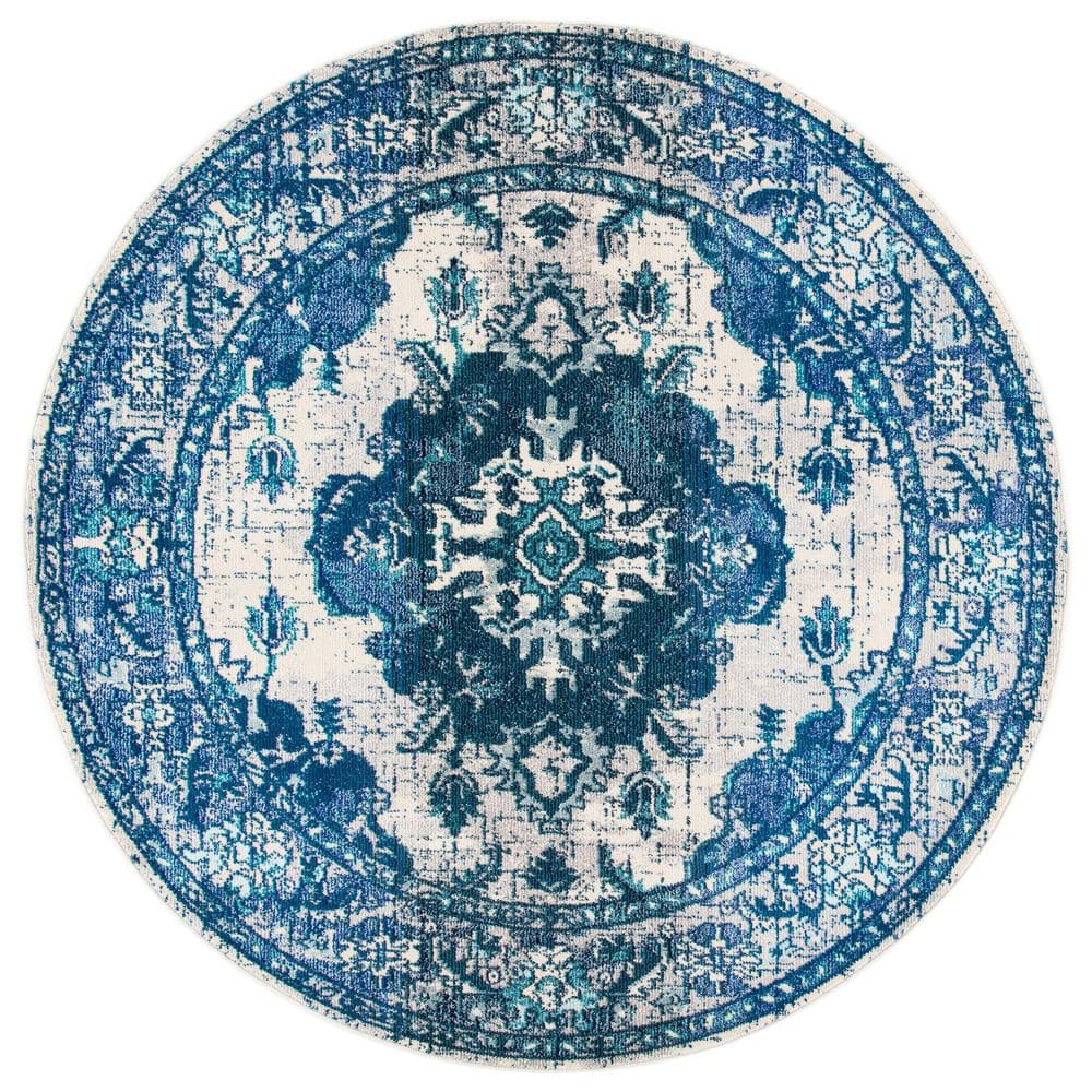 SAFAVIEH Monaco Ivory/Blue 7 ft. x 7 ft. Distressed Border Medallion ...